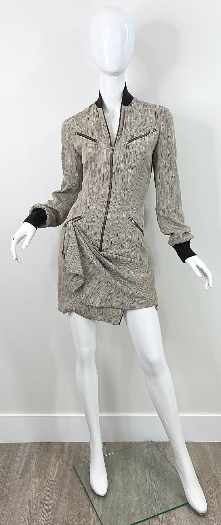 Byron Lars 1990s Tan Brown Avant Garde Zipper Rayon Vintage 90s Mini ...