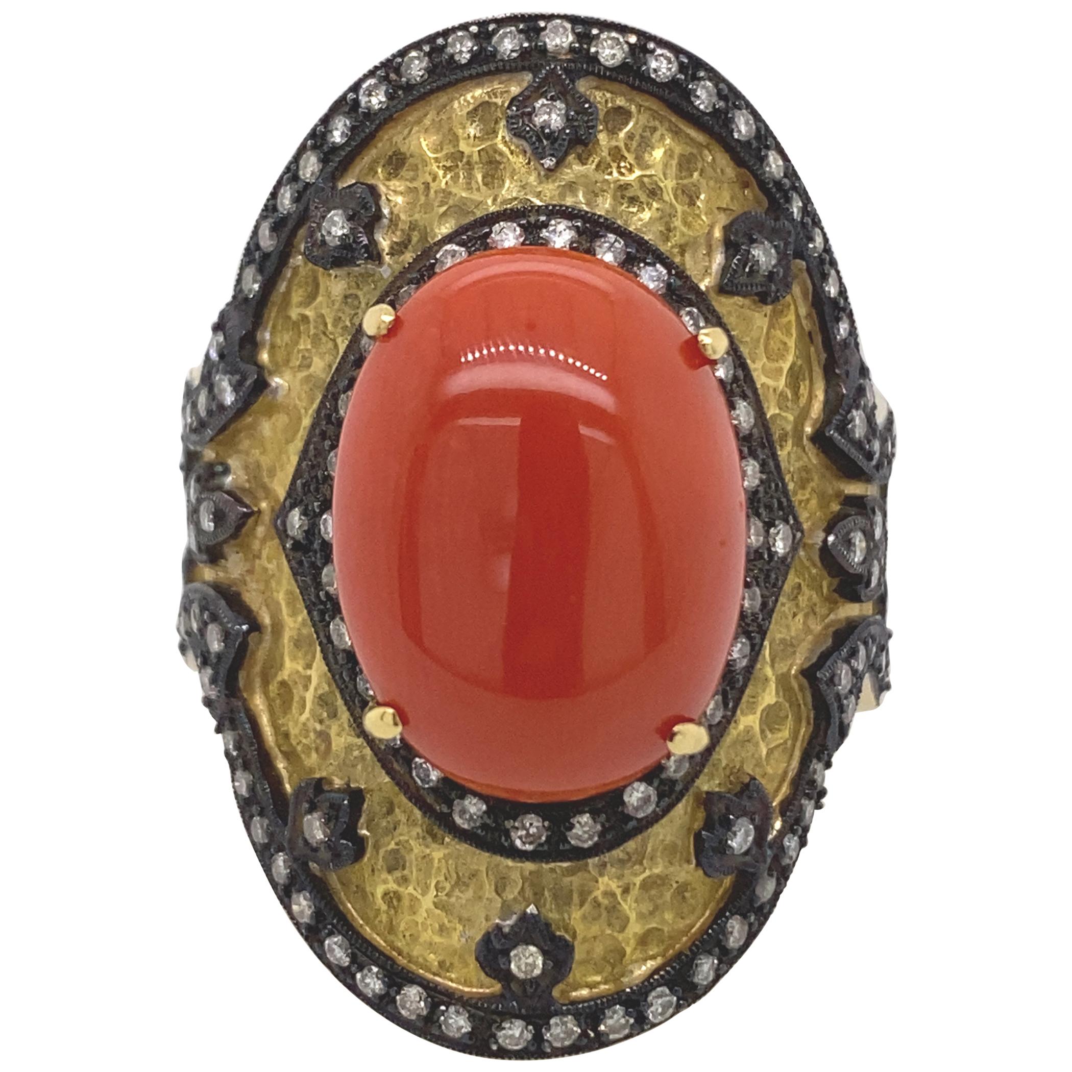 Bernard Passman Black Coral and Diamond Ring in 18 Karat Yellow Gold at ...