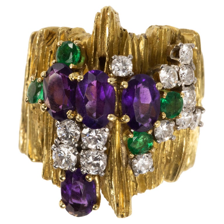 c. 1970 Henry Dunay Amethyst, Diamond, Emerald, and 18 Karat Gold Ring ...