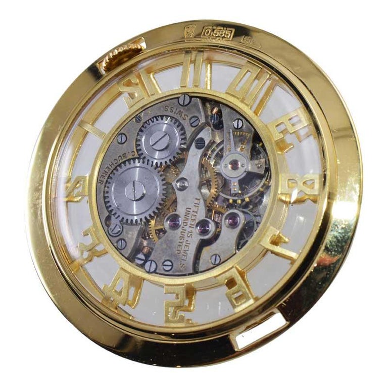 C. Bucherer 14Kt. Solid Gold Art Deco Pocket Watch with Skelton Back ...