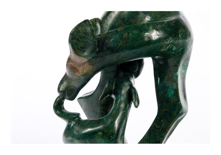 C. Danda, Modern Carved Green Stone Sculpture of a Doe with Her Fawn ...