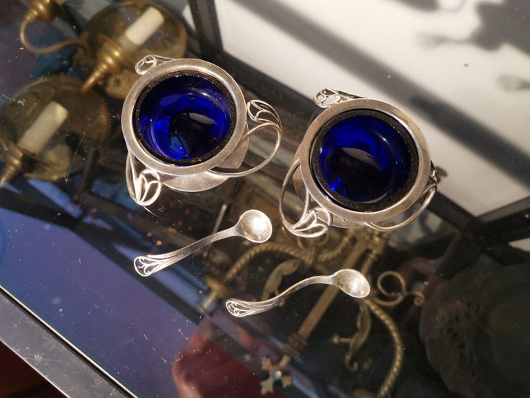 C R Ashbee. Pair of Arts and Crafts Silver and Glass Salt Bowls with ...