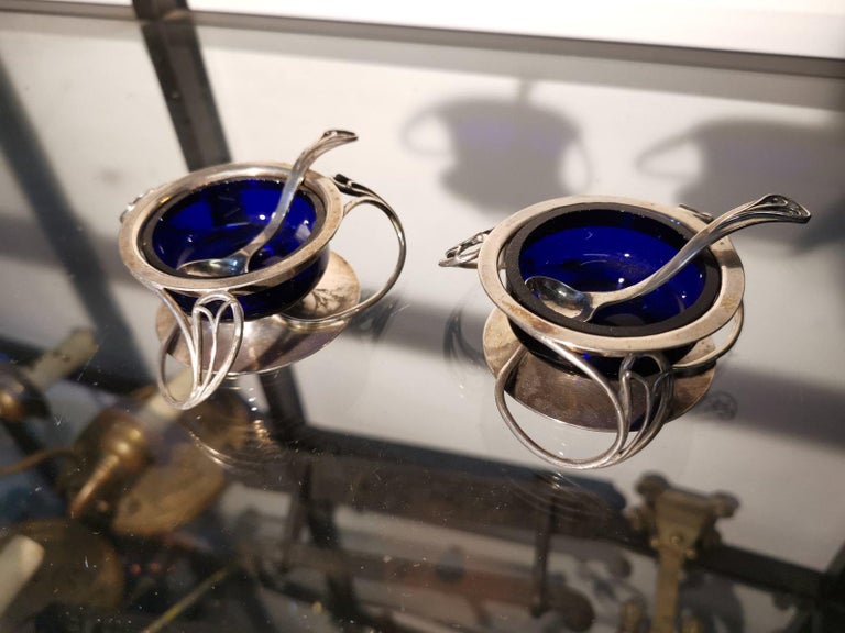 C R Ashbee. Pair of Arts and Crafts Silver and Glass Salt Bowls with ...