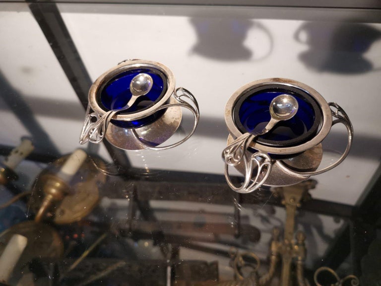 C R Ashbee. Pair of Arts and Crafts Silver and Glass Salt Bowls with ...