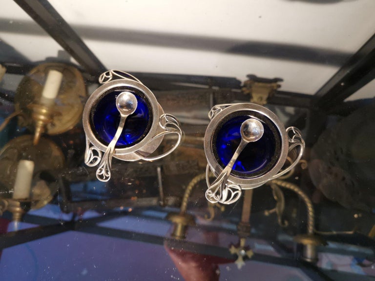 C R Ashbee. Pair of Arts and Crafts Silver and Glass Salt Bowls with ...