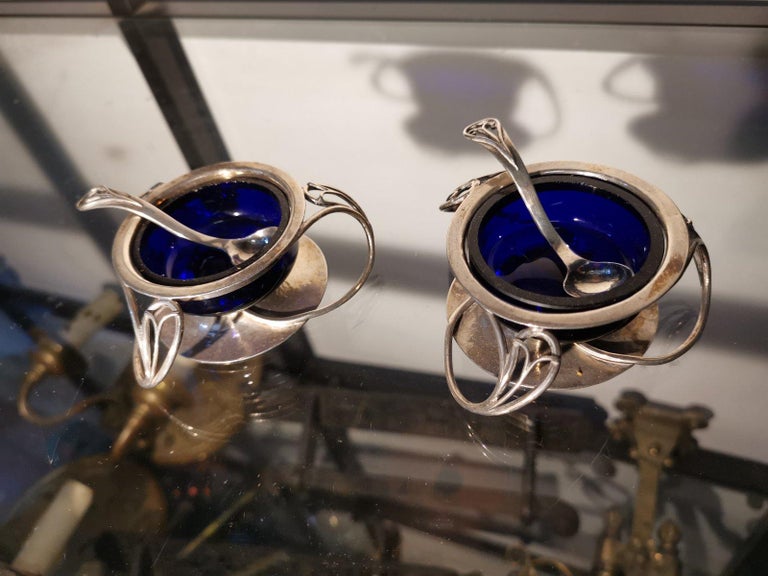 C R Ashbee. Pair of Arts and Crafts Silver and Glass Salt Bowls with ...