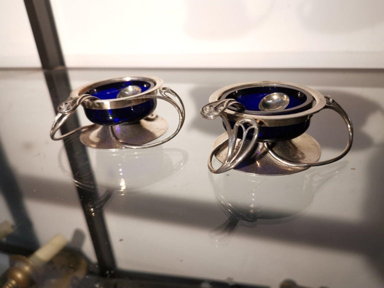 C R Ashbee. Pair of Arts and Crafts Silver and Glass Salt Bowls with ...
