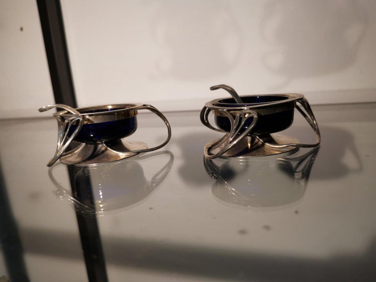 C R Ashbee. Pair of Arts and Crafts Silver and Glass Salt Bowls with ...