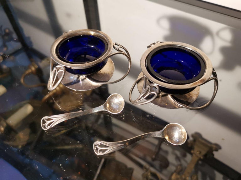 C R Ashbee. Pair of Arts and Crafts Silver and Glass Salt Bowls with ...