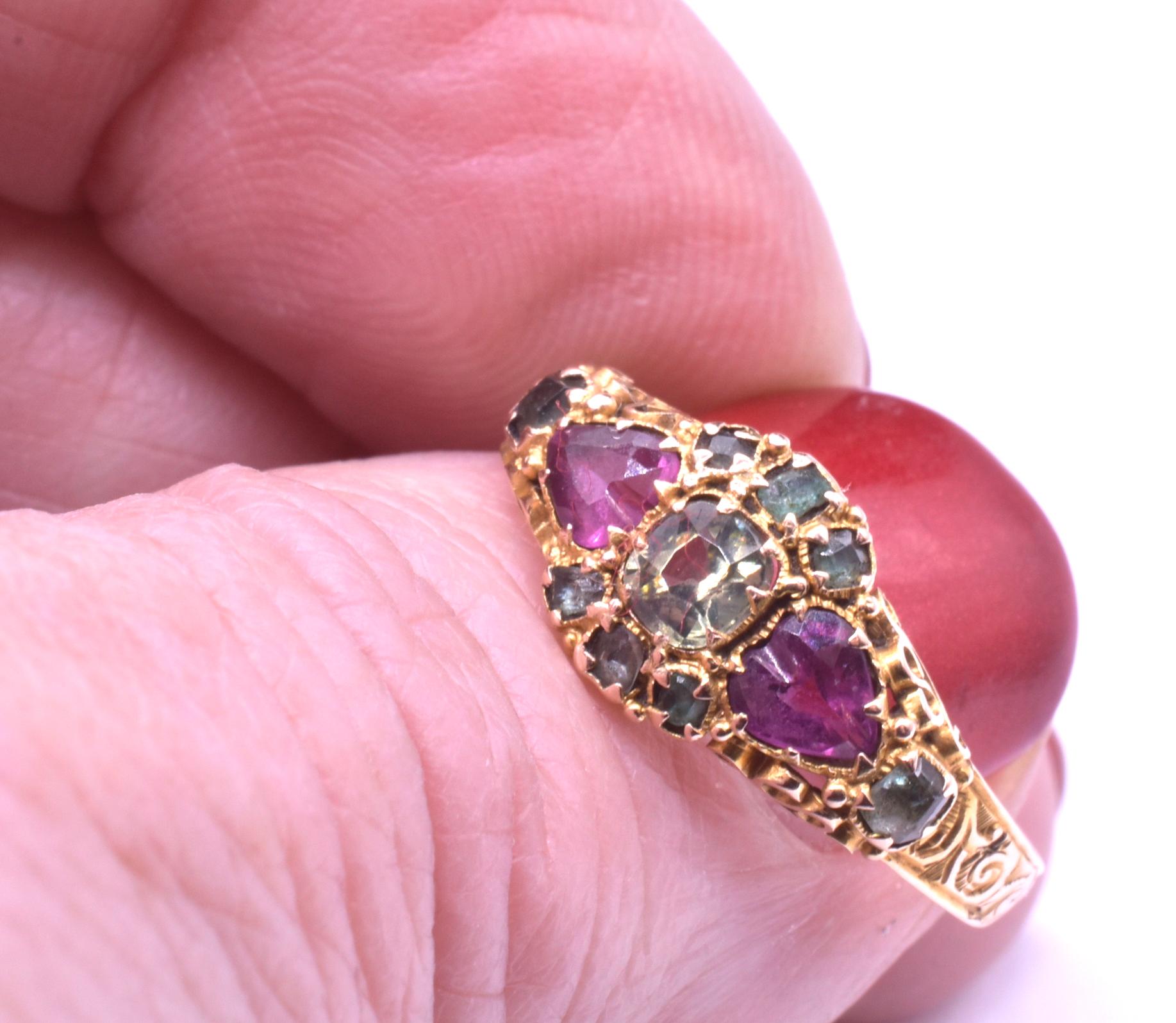 C1870 Victorian 15K Multi-stone Ring with Heart Shaped Almandine ...