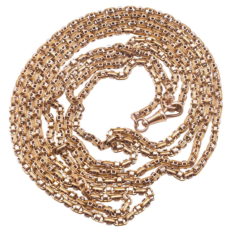 C1890 15 Karat Fancy Box Link Victorian Long Guard Chain, 60" For Sale ...