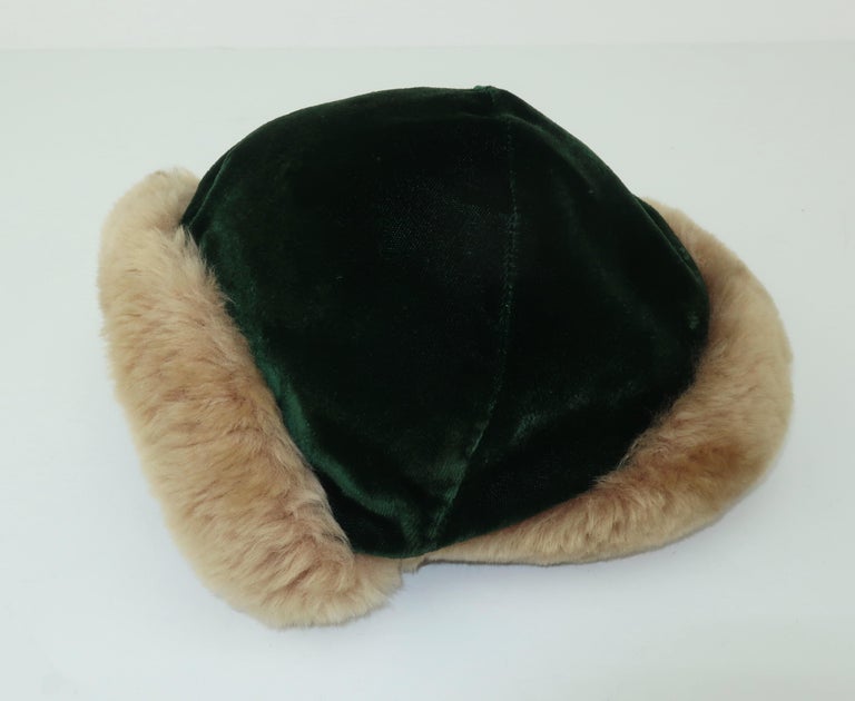 C.1950 Green Velvet Hat With Mouton Trim at 1stDibs