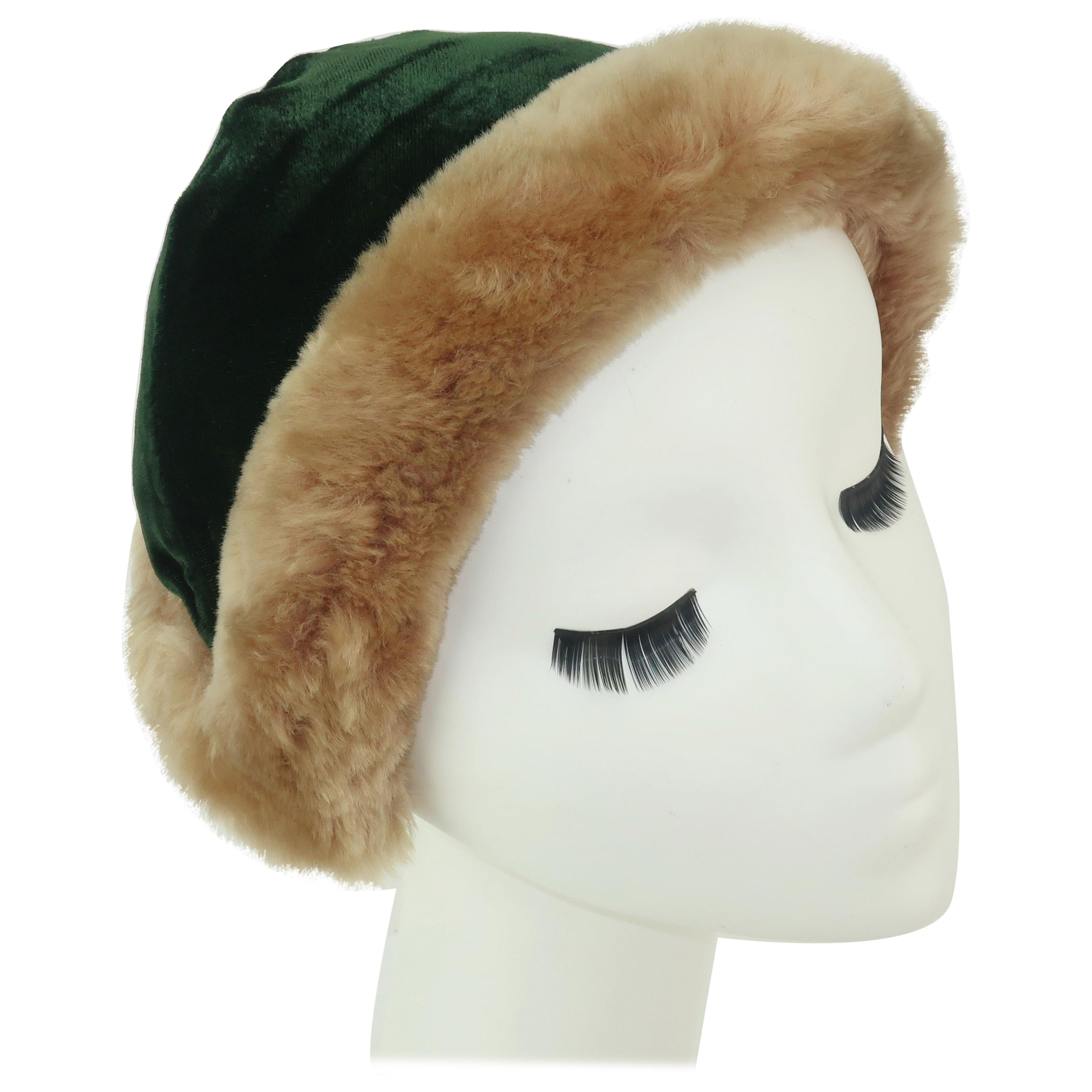 C.1950 Green Velvet Hat With Mouton Trim at 1stDibs