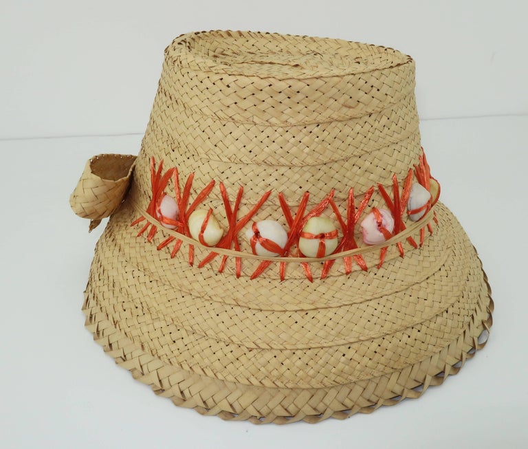 C.1960 Straw Beach Hat With Shell Trim and Bow at 1stDibs | straw beach ...