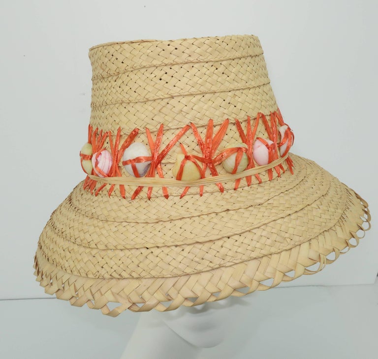 C.1960 Straw Beach Hat With Shell Trim and Bow at 1stDibs | straw beach ...
