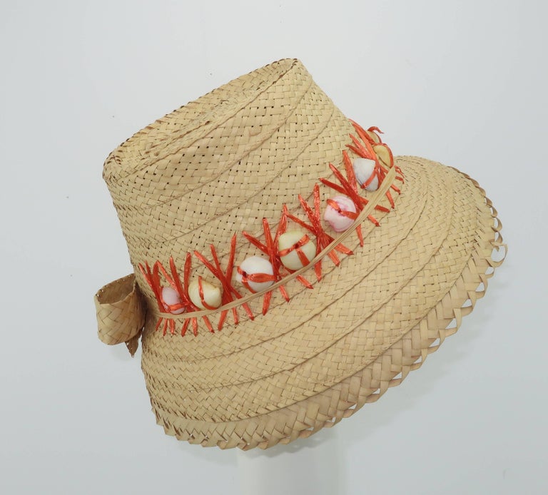C.1960 Straw Beach Hat With Shell Trim and Bow at 1stDibs | straw beach ...