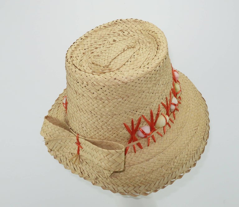 C.1960 Straw Beach Hat With Shell Trim and Bow at 1stDibs | straw beach ...