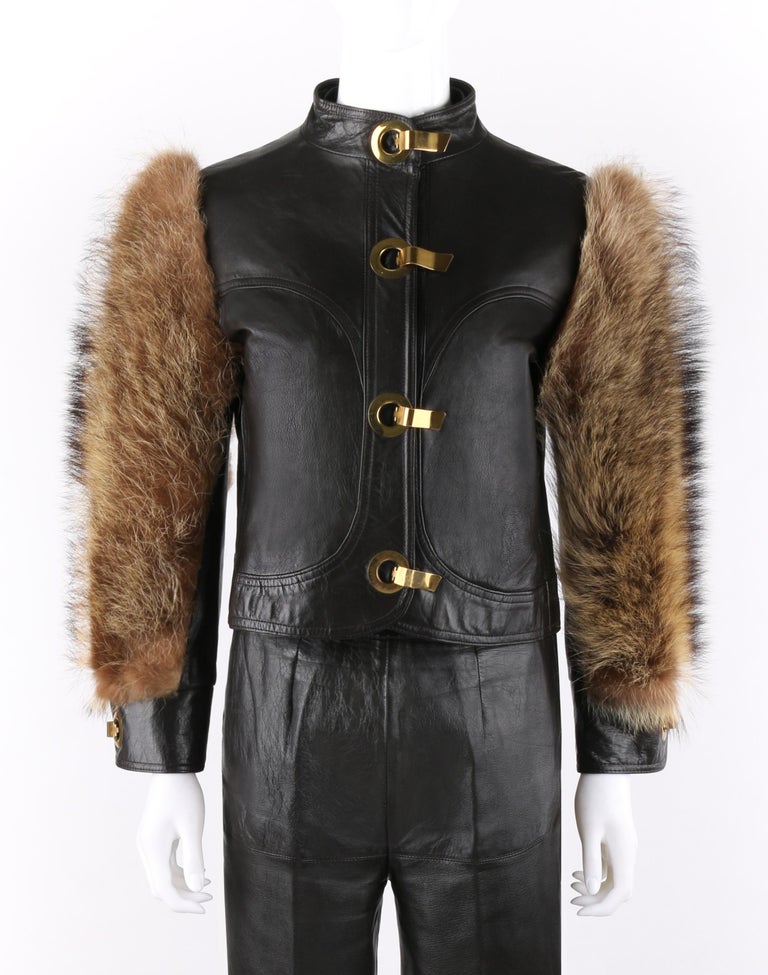 c.1970's 2 Piece Brown Leather Raccoon Fur Sleeve Jacket Pants Suit Set ...