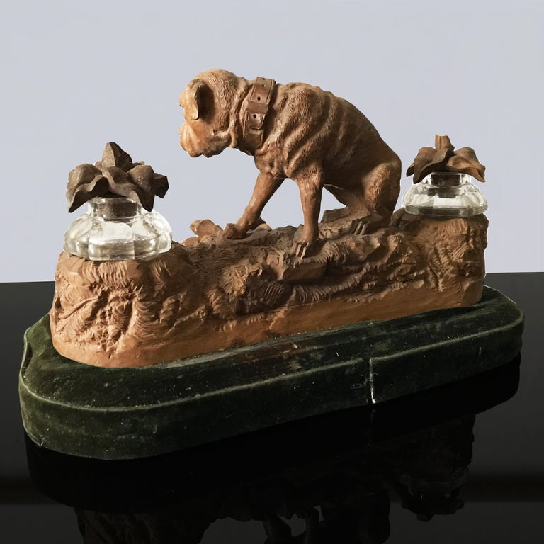 C19th Carved Wood and Velvet Black Forest Inkwell with Dog For Sale at ...