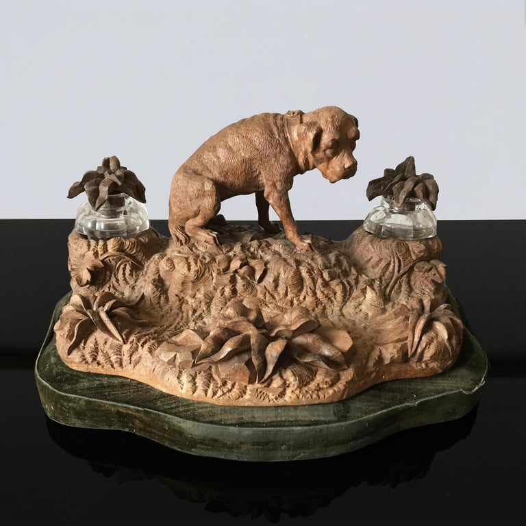 C19th Carved Wood and Velvet Black Forest Inkwell with Dog For Sale at ...
