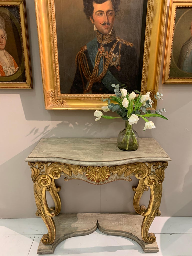 C19th Swedish Rococo Console with Gilded and Painted Shells and Scroll ...