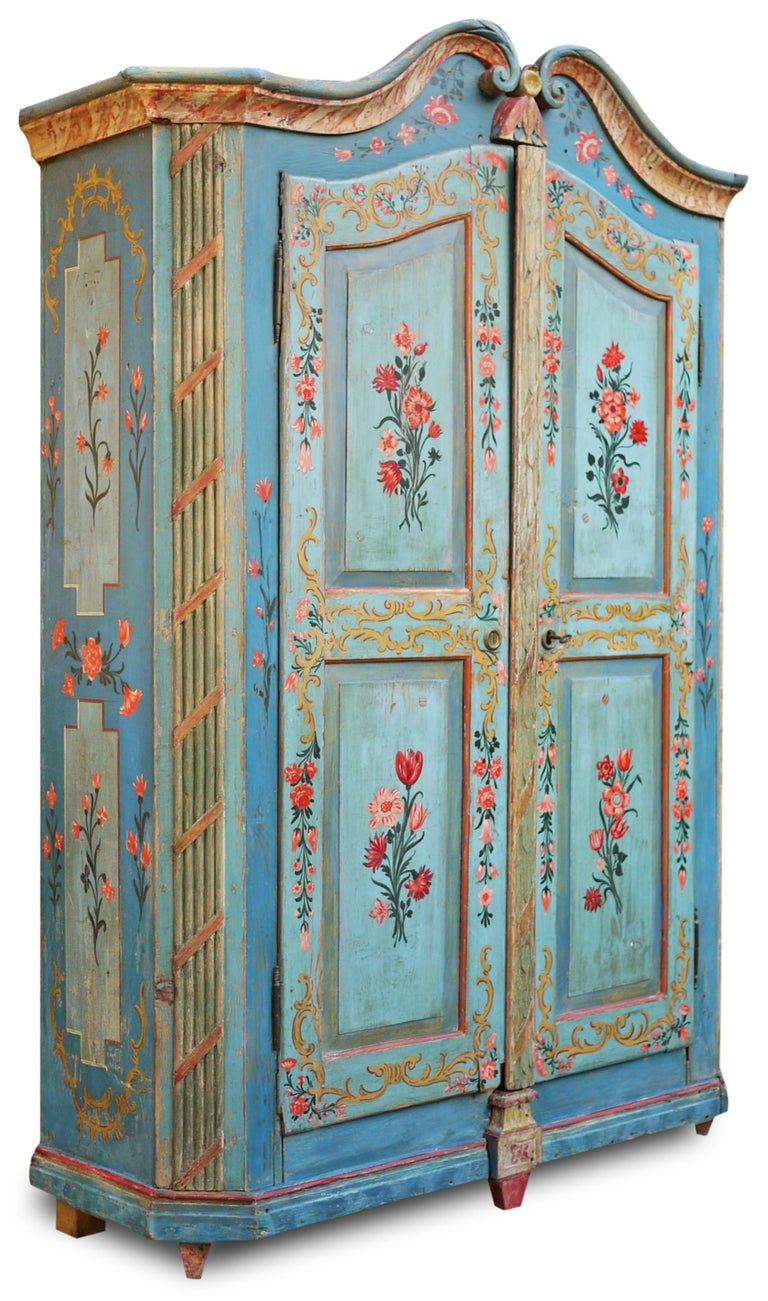 Cabinet, Blue Floral Painted Wardrobe, Early 19th Century, Central ...