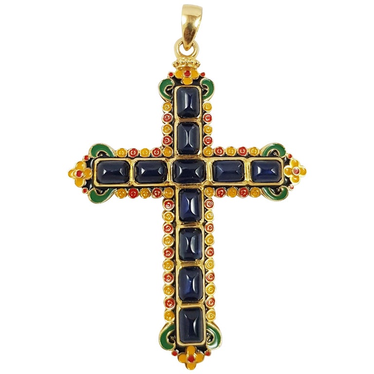 Cabochon Blue Sapphire Double Sided Cross Pendant Set in 18 Karat Gold ...