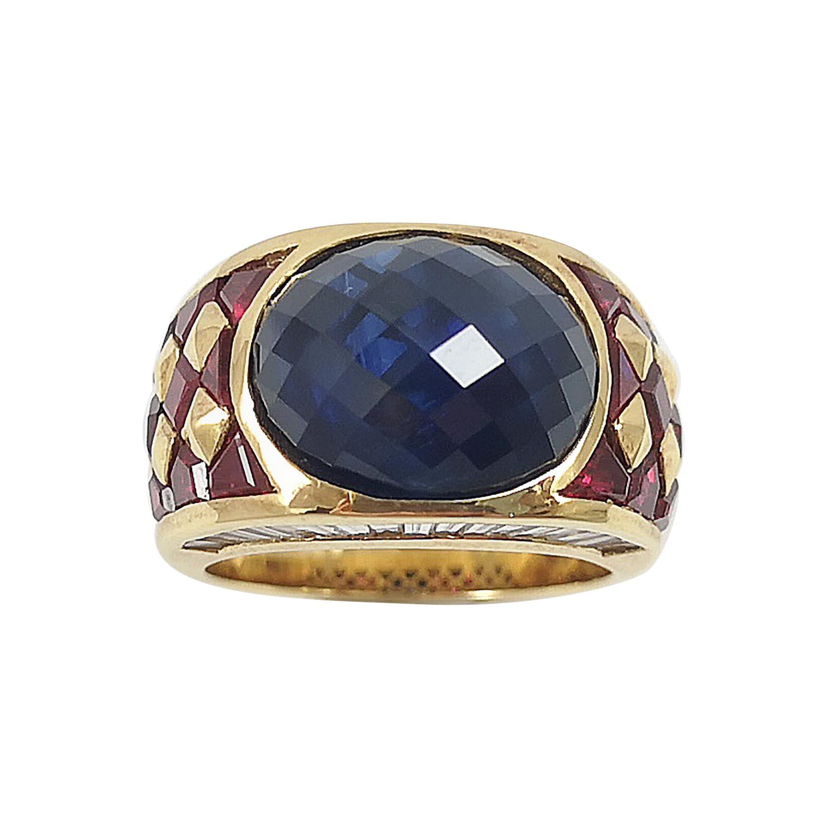Blue Sapphire with Ruby and Diamond Panther Ring Set in 18 Karat Gold ...