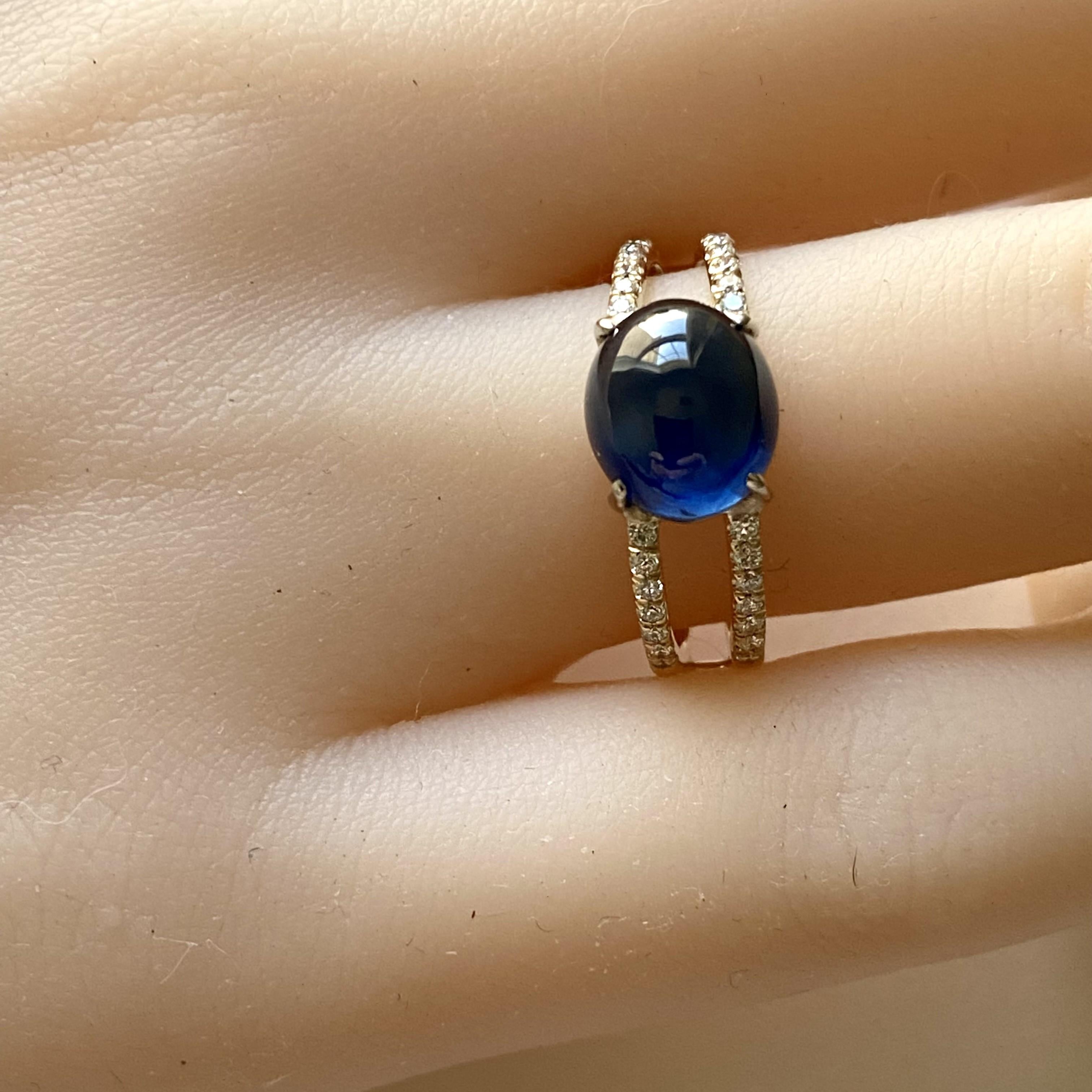 Cabochon Ceylon Sapphire Split Double Shank Diamond Cocktail Ring For ...
