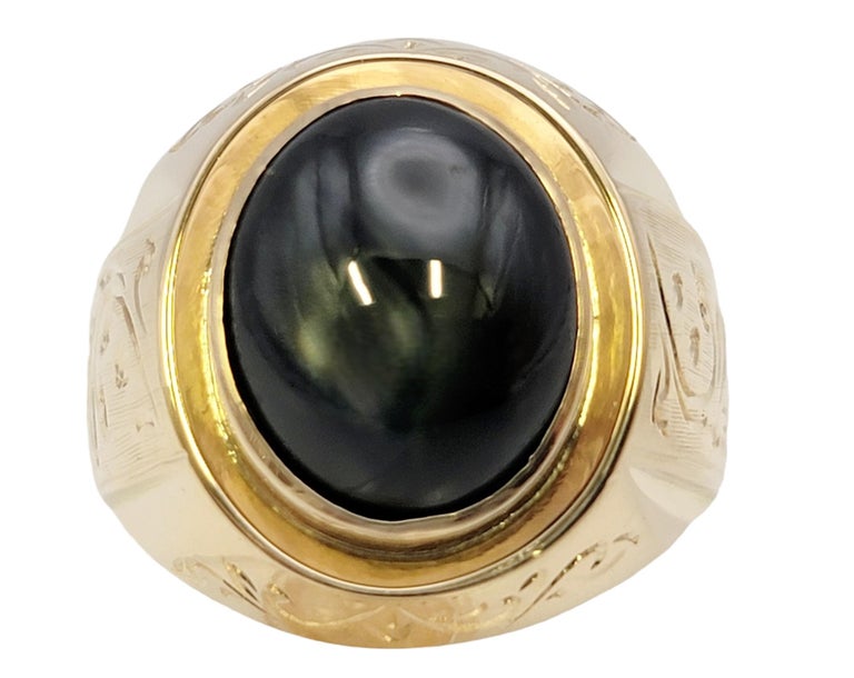 Cabochon Cut Natural Blue Star Sapphire Solitaire Ring in 14 Karat Gold ...