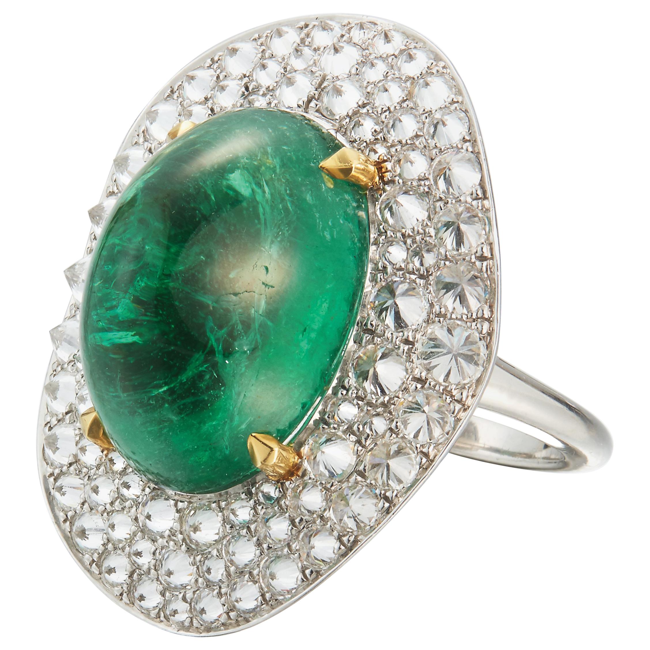 Carvin-French Cabochon Emerald and Diamond "Potato Chip" Ring For Sale ...