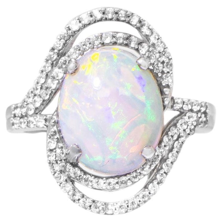 Cabochon Opal Ring With Zircons Silver For Sale at 1stDibs