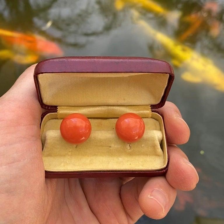 Vintage Cabochon Button Red Coral Retro Gold Earrings Estate Fine ...