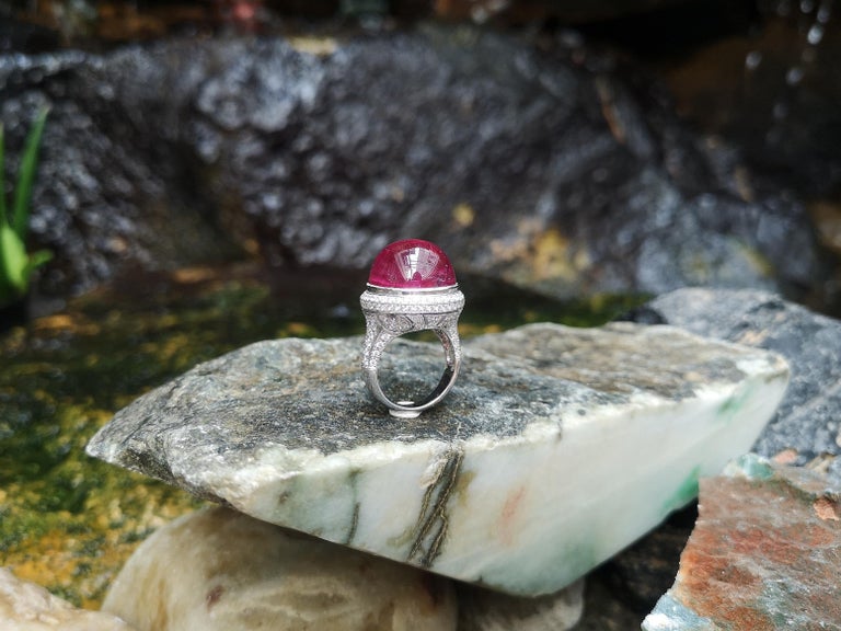 Cabochon Rubellite with Diamond Ring set in 18 Karat White Gold ...