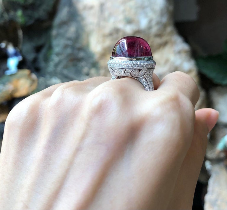 Cabochon Rubellite with Diamond Ring set in 18 Karat White Gold ...