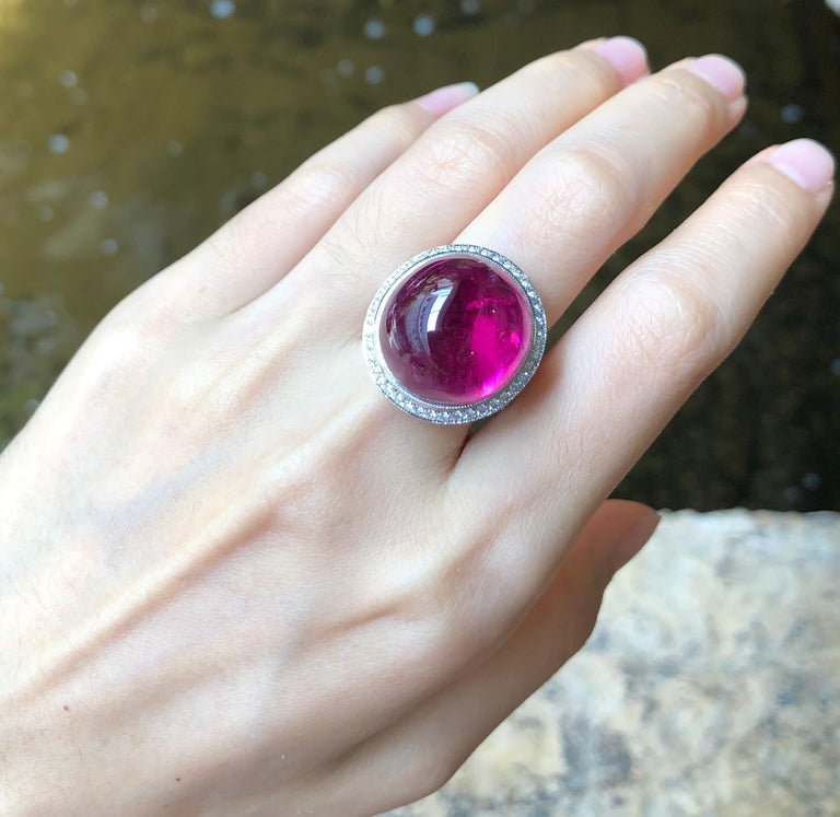 Cabochon Rubellite with Diamond Ring set in 18 Karat White Gold ...