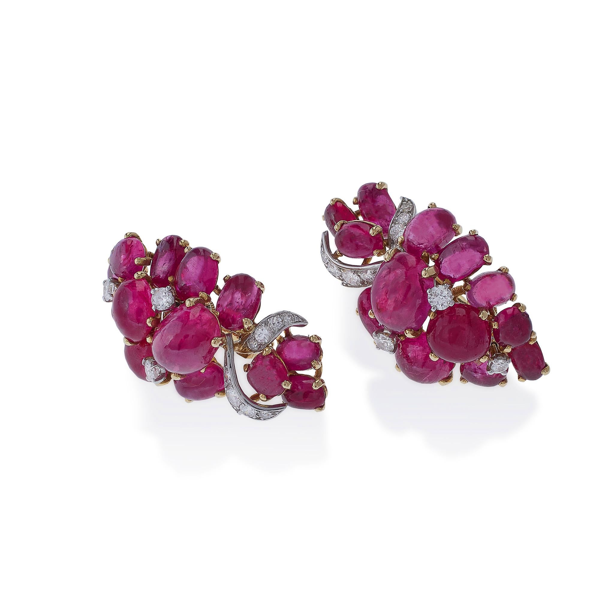Cabochon Ruby and Diamond Clip Earrings Mounted by Cartier For Sale at ...