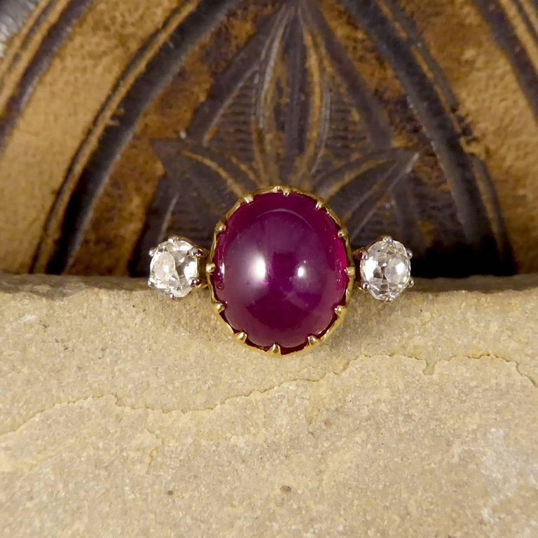Cabochon Ruby and Diamond Three-Stone 18 Carat Yellow Gold Ring at ...