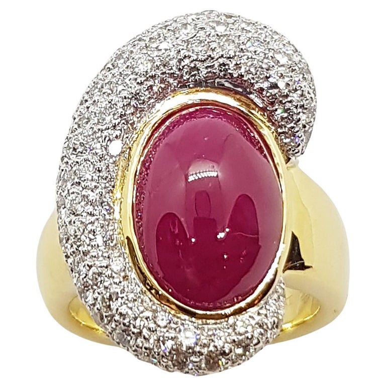 Cabochon Ruby with Diamond Ring set in 18 Karat Gold Settings For Sale ...