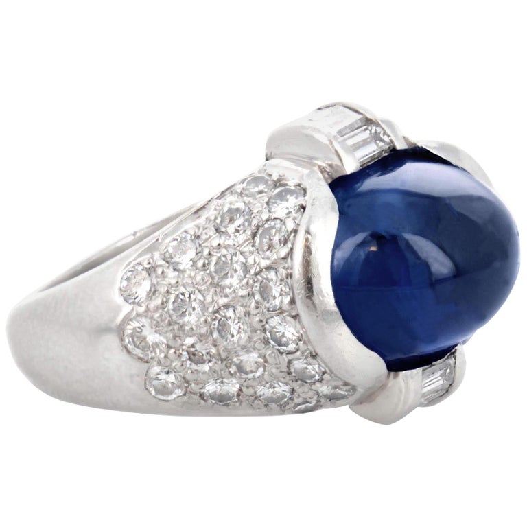Cabochon Sapphire and Diamond Platinum Ring at 1stDibs