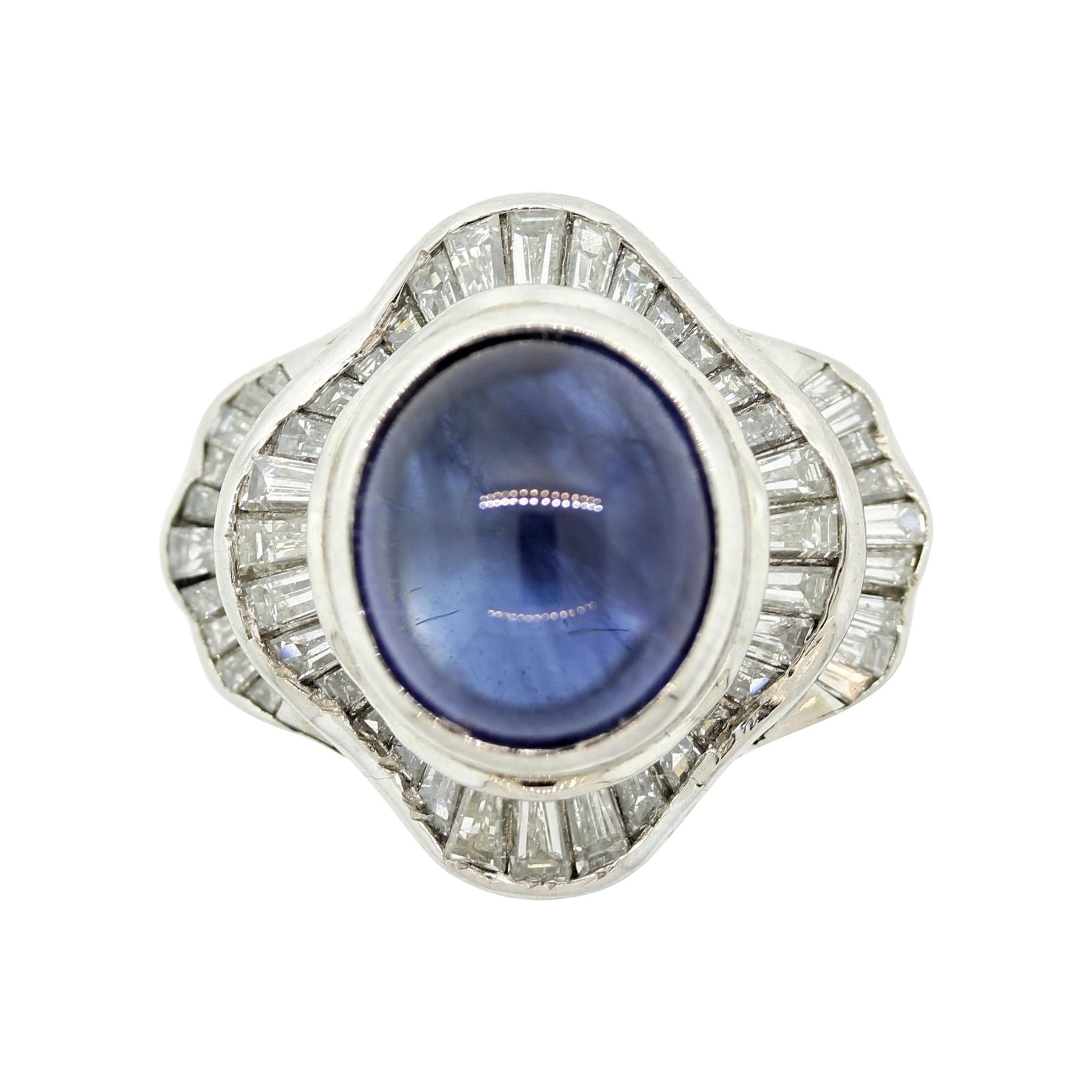 Cushion Cut Cabochon Sapphire Diamond Platinum Ring For Sale at 1stDibs