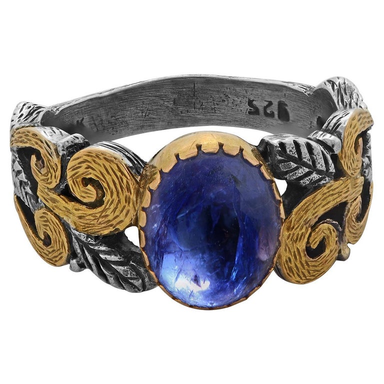 Cabochon Tanzanite 18k Gold Silver Statement Ring For Sale at 1stDibs
