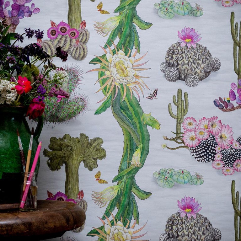 Cactus Mexicanos in Dove Botanical Wallpaper For Sale at 1stDibs