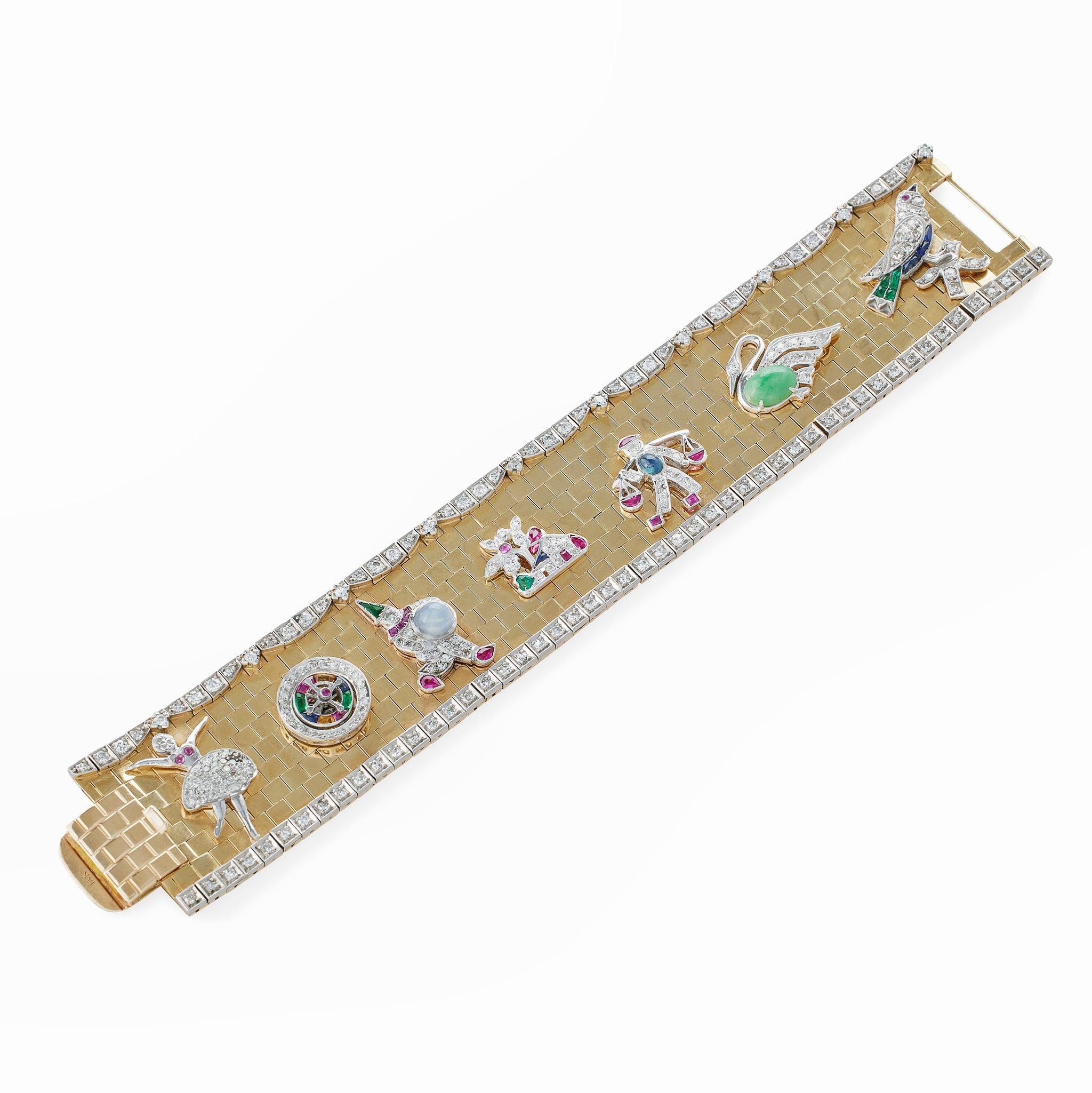 Calibré-cut Gem and Diamond Retro Charm Bracelet For Sale at 1stDibs ...