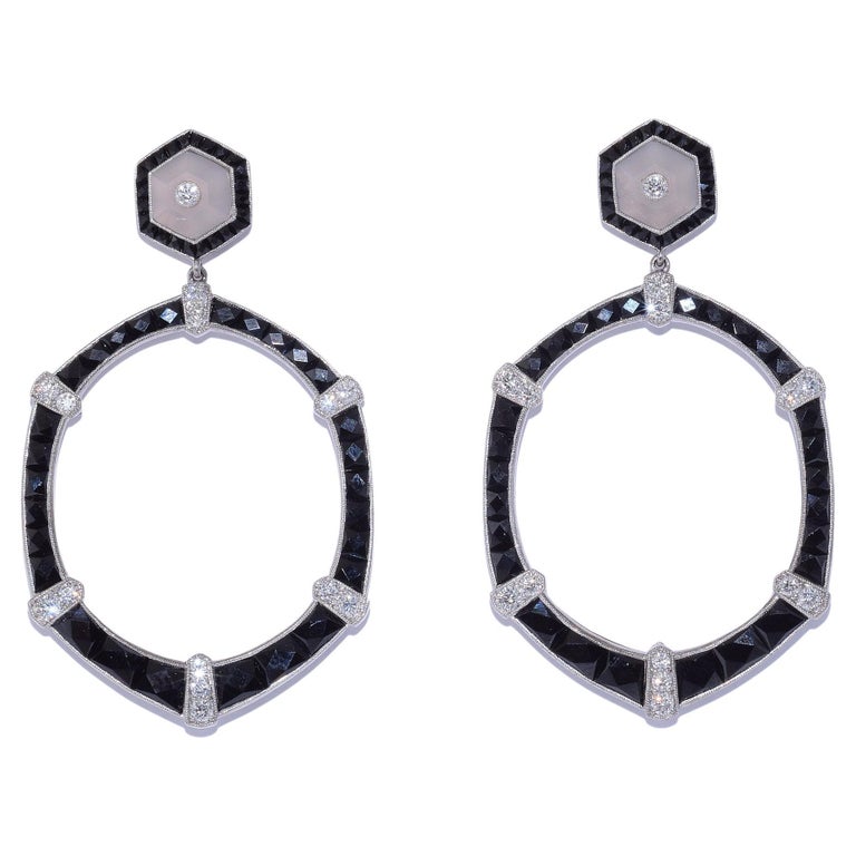 Calibre Onyx and Diamond Hexagonal Gypsy Hoop Earrings Signed Fred ...