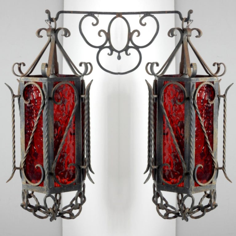 California Craftsman Iron Ornate Sconces Pendant Lamps with Ruby Red ...