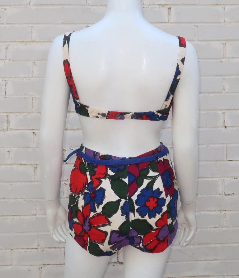 California Floral Cotton Two Piece Bikini Sunsuit Swimsuit, 1960's For ...
