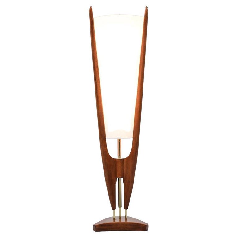 California Modern Sculpted Walnut and Brass Lamp with New Linen Shade ...