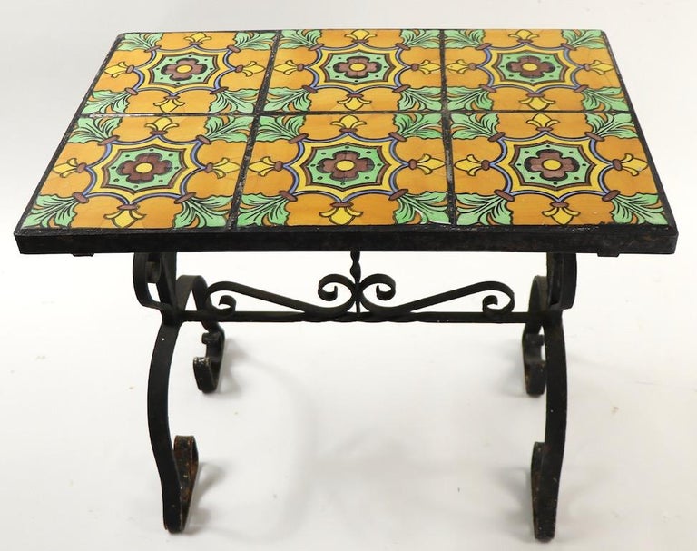 California School Wrought Iron Tile Top Table at 1stDibs