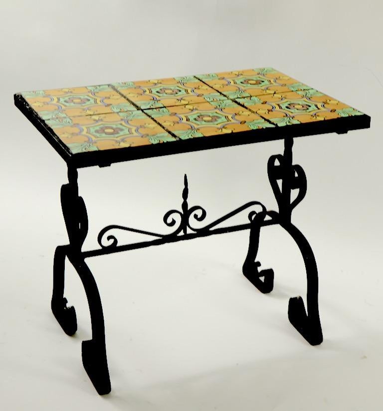 California School Wrought Iron Tile Top Table at 1stDibs